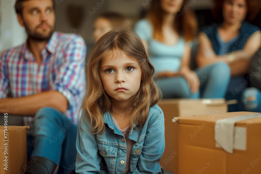 Sad stressed evicted family with little girl worried relocating house ...