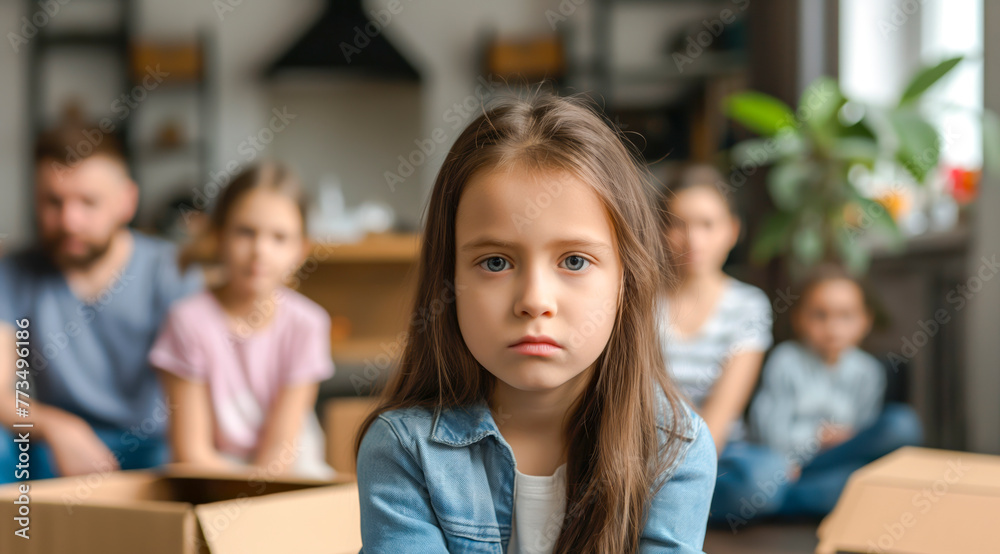 Sad stressed evicted family with little girl worried relocating house ...