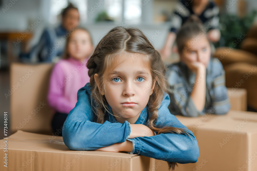 Sad stressed evicted family with little girl worried relocating house ...