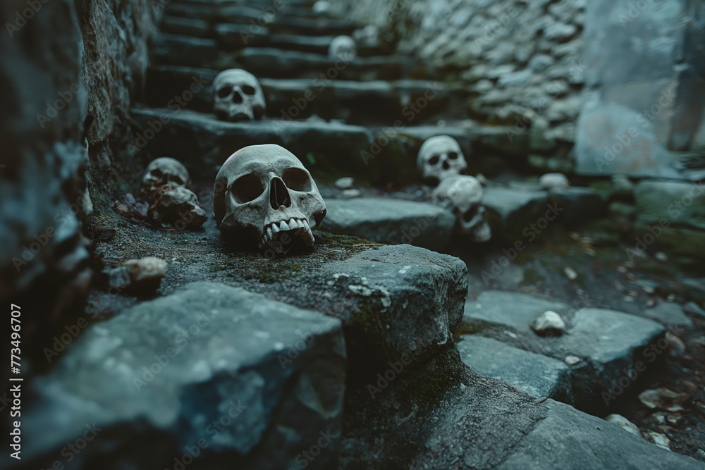 Skeletal remains strewn all over ancient decaying castle stone steps ...