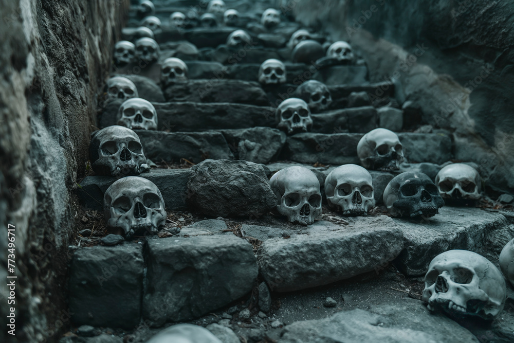 Skeletal remains strewn all over ancient decaying castle stone steps ...