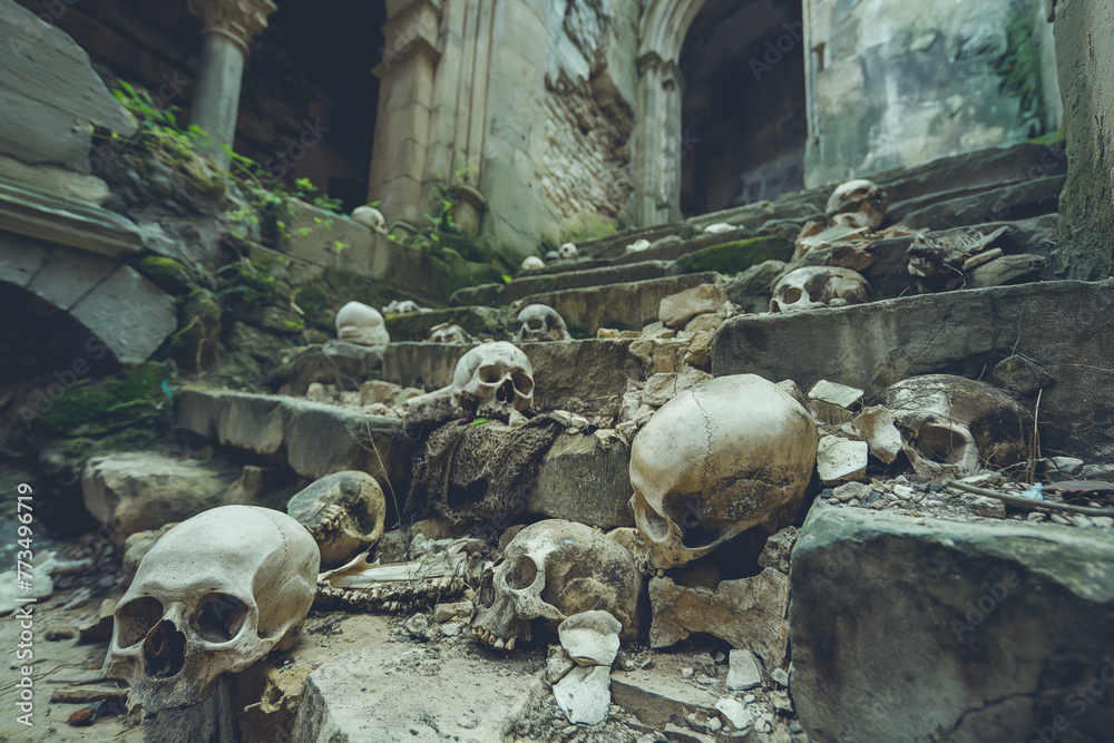 Skeletal remains strewn all over ancient decaying castle stone steps ...