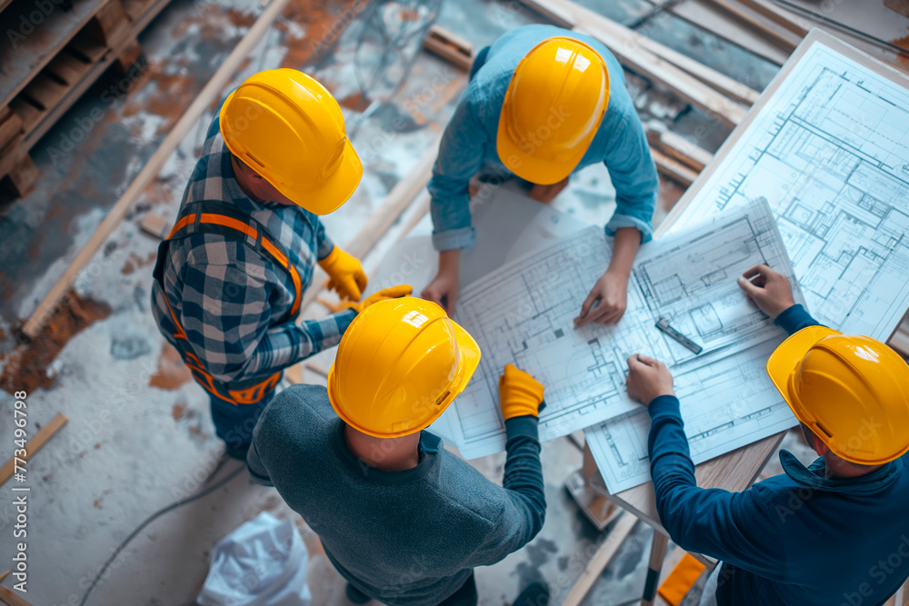 Top view of architects team working on construction plans and ...