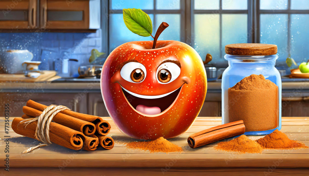 Smiling red apple cartoon character in the kitchen next to cinnamon ...
