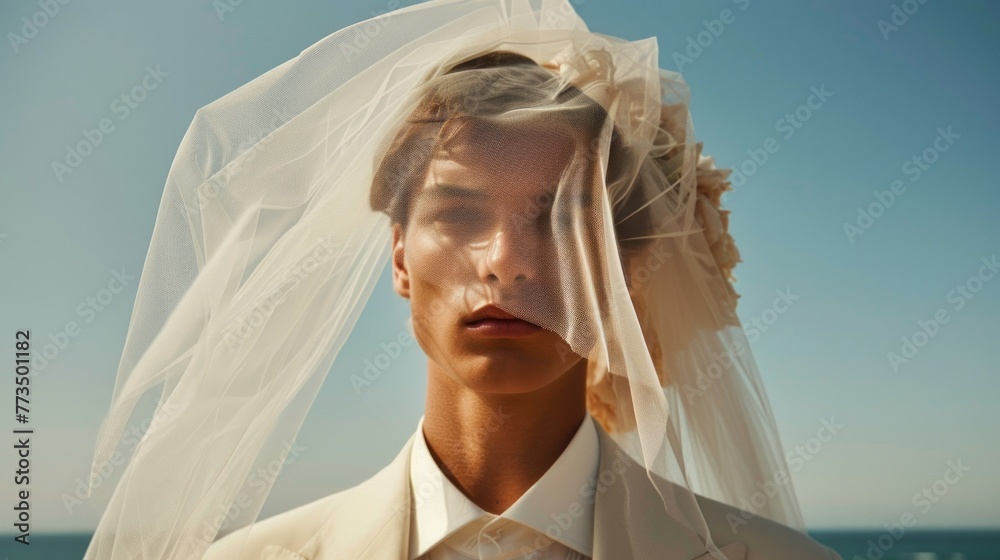 Men’s Veil. Male bride in a white suit and veil. Man Wearing a Veil ...