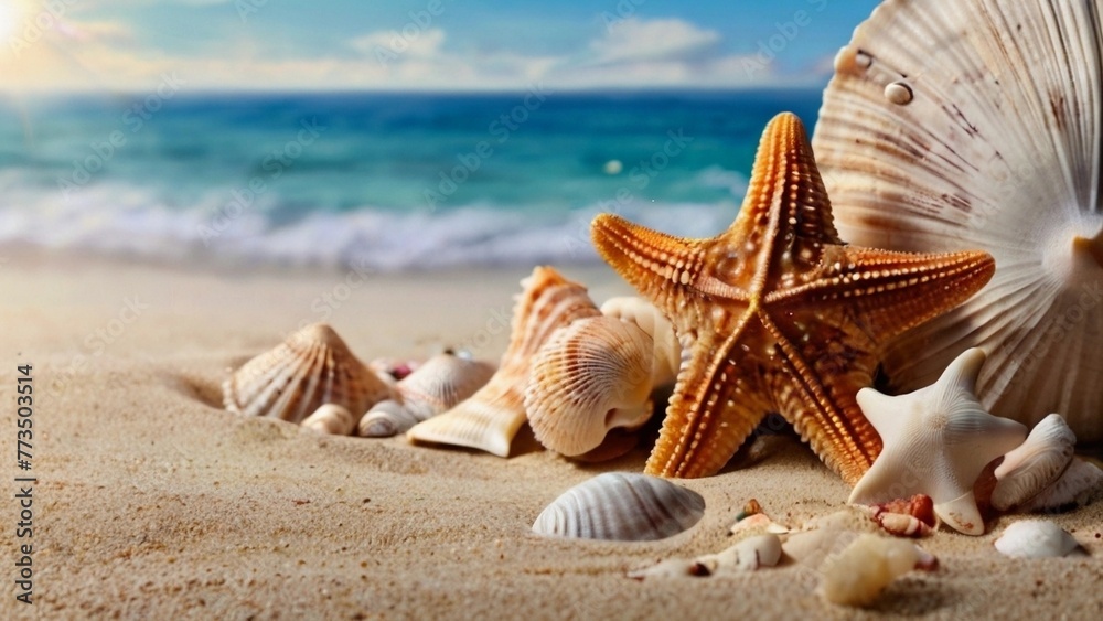 Summer concept with sandy beach, shells and starfish lapping by calm ...