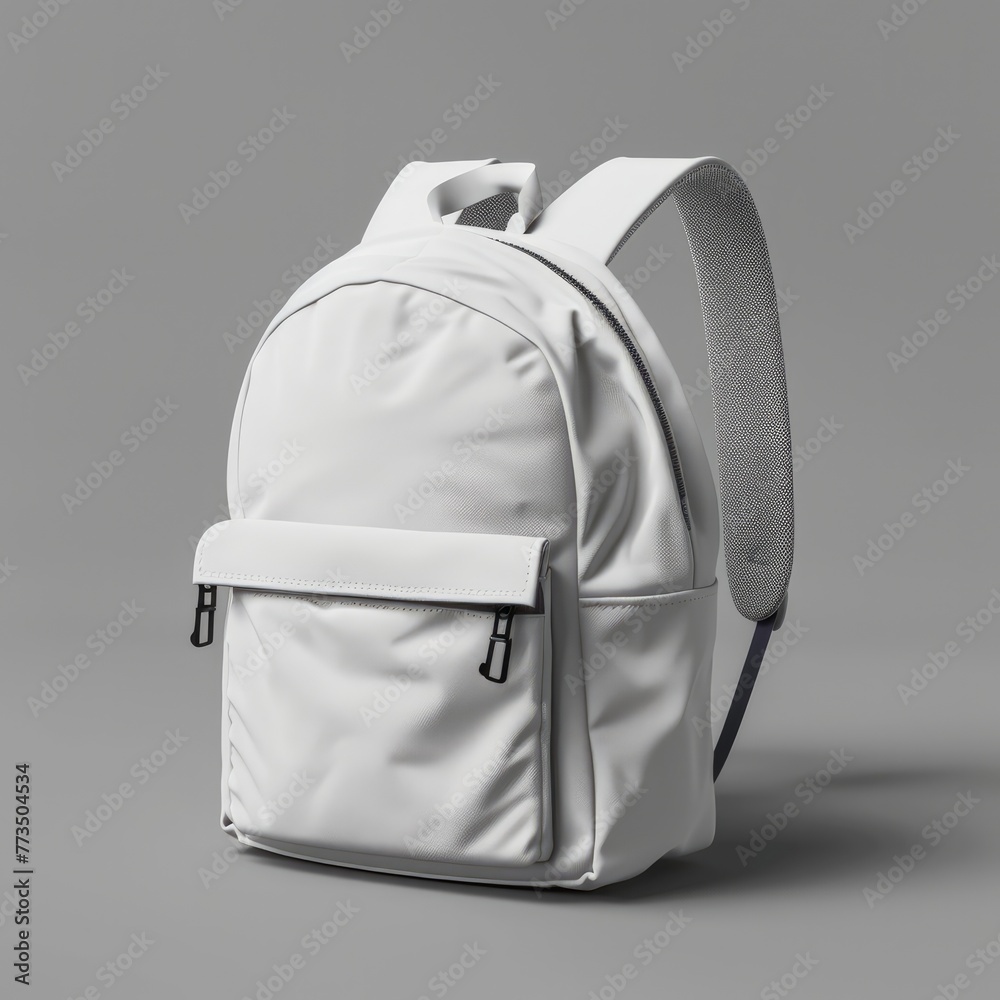 Blank white closed backpack with zipper mockup, half-turned view. Empty ...