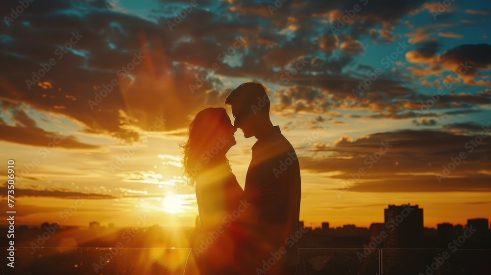 Romantic image of a couple kissing in front of a beautiful sunset ...