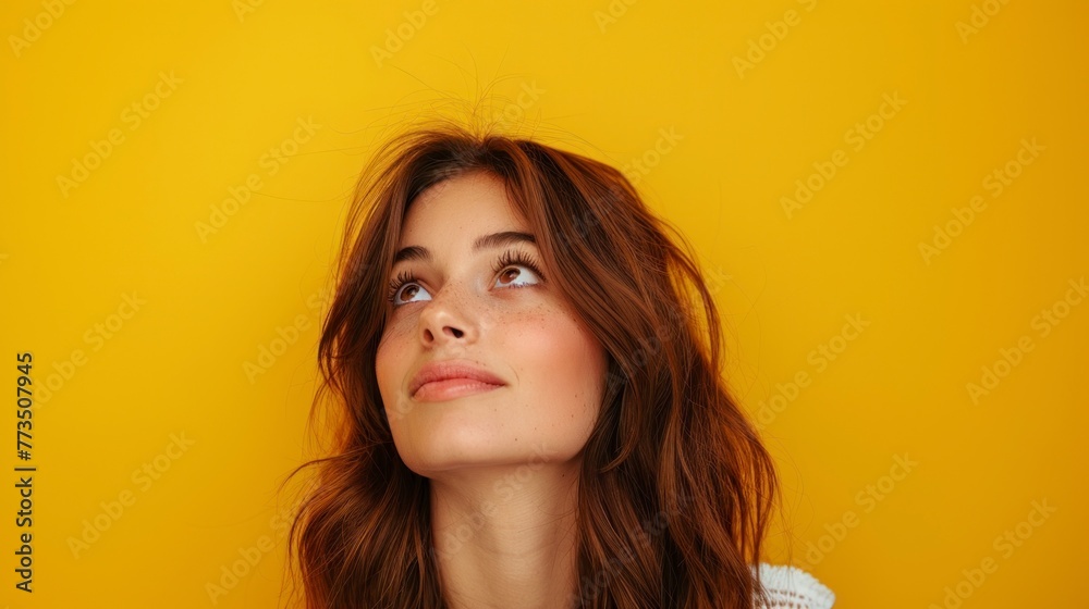 beautiful woman looking up on yellow background in high resolution and ...