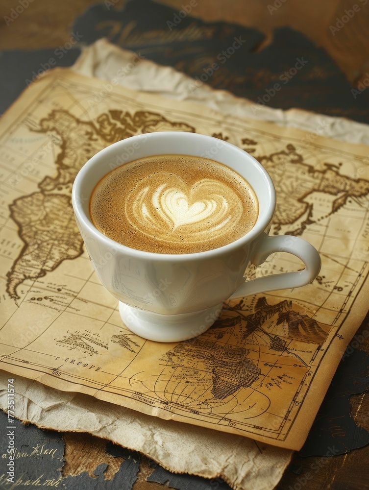 A creative design featuring a coffee cup with a world map pattern on a ...