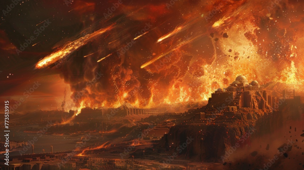 city of sodom and gomorrah being destroyed by burning fire meteorites ...