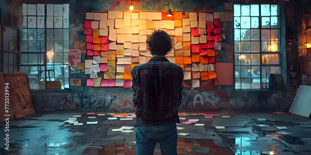 A man uses postit notes on an empathy map in a design thinking ...