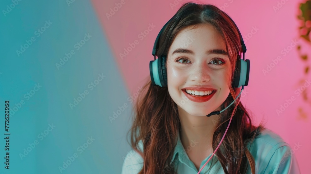 beautiful call center woman with headphones and microphone on bright ...