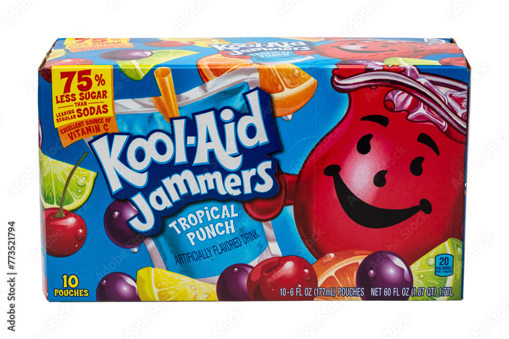Box of Kool-Aid brand jammers tropical punch artificially flavored ...