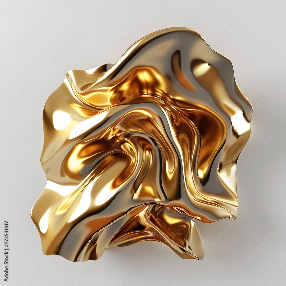 3D realistic golden metal shape, sculpted into a fluid, wave-like form ...