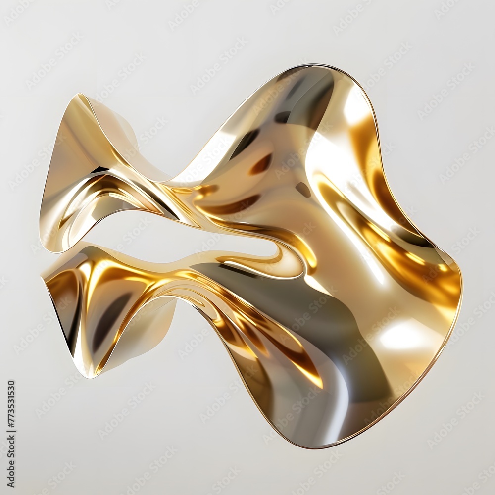 3D realistic golden metal shape, sculpted into a fluid, wave-like form ...