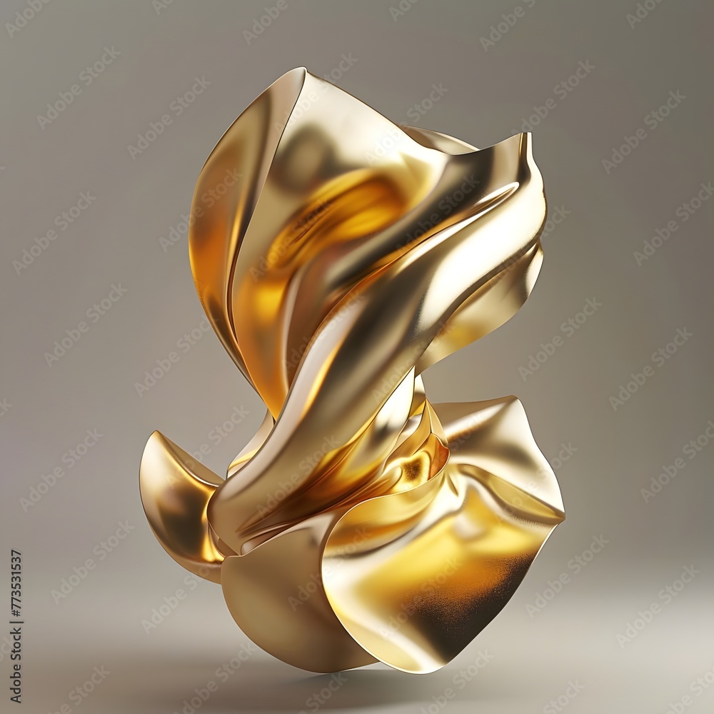 3D realistic golden metal shape, sculpted into a fluid, wave-like form ...