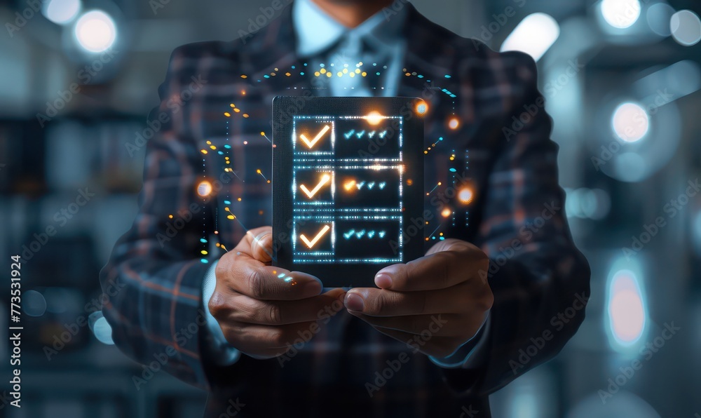 Businessman showing check mark summarizing job Compile lists, votes ...