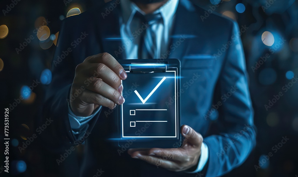 Businessman showing check mark summarizing job Compile lists, votes ...