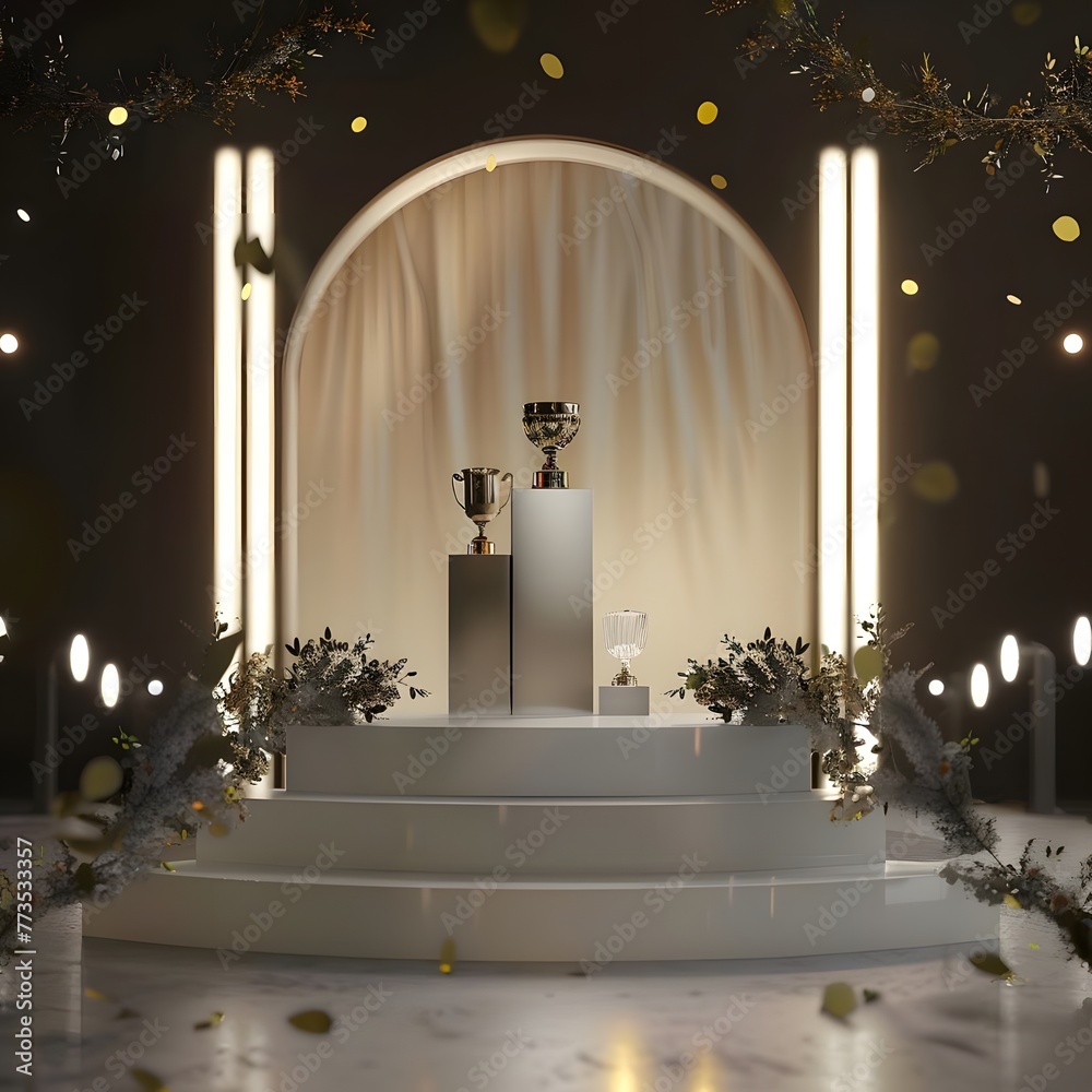 3D rendered illustration of a winner's award podium, featuring first ...