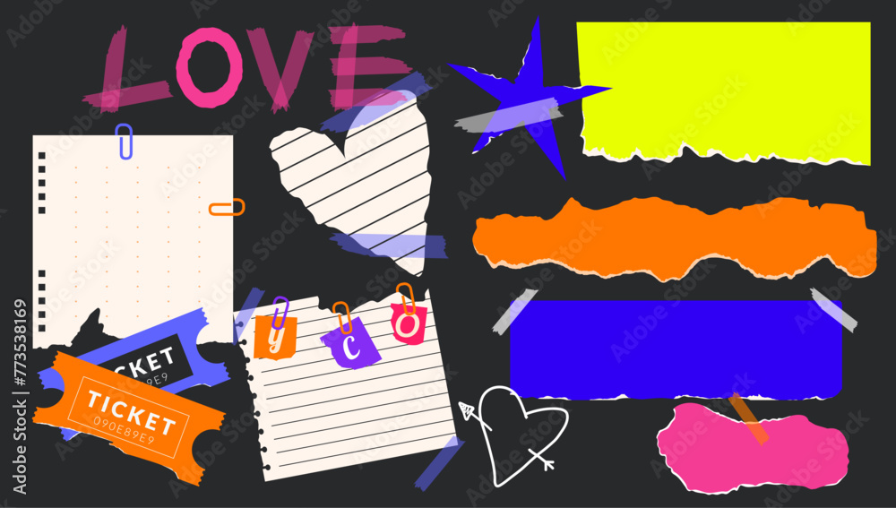 Collection and set. Collage of trendy torn paper and newspaper. Modern ...
