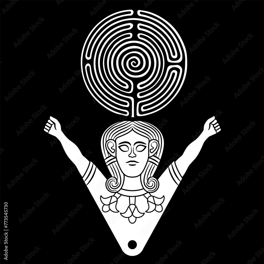 Goddess Astarte with raised hands holding a round spiral maze or ...