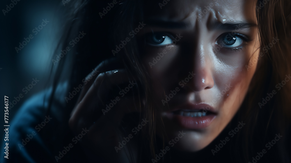 Young woman with fearful expression making a phone call in the dark ...