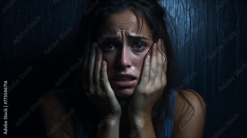 Distressed young woman with hands on face, tears, and raindrops ...
