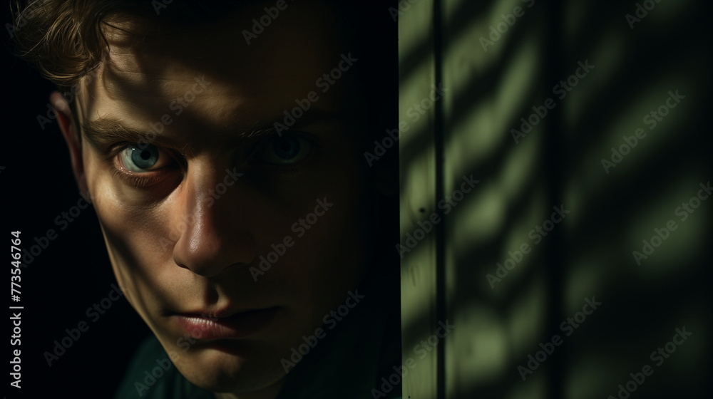 Close-up of a young man's face with intense gaze, partially shadowed ...