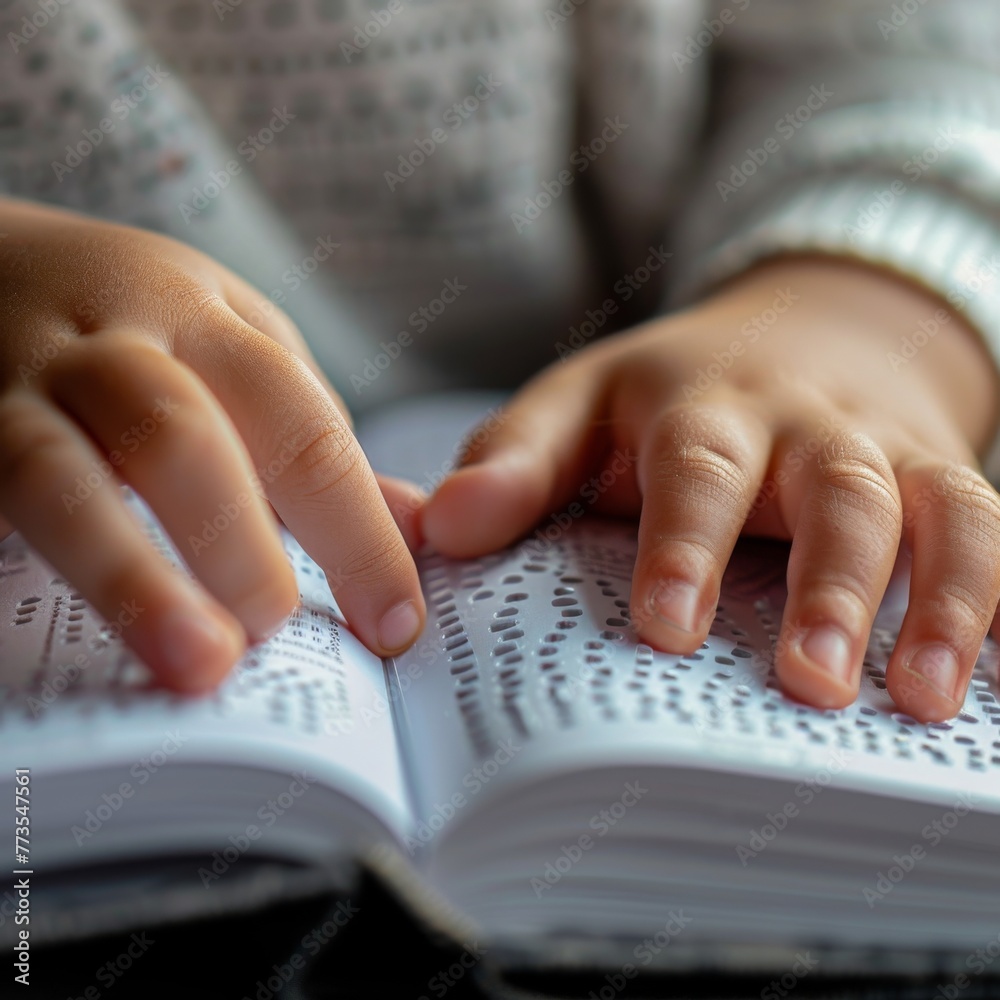 Detailed close-up showcases a braille book being read by a student's ...