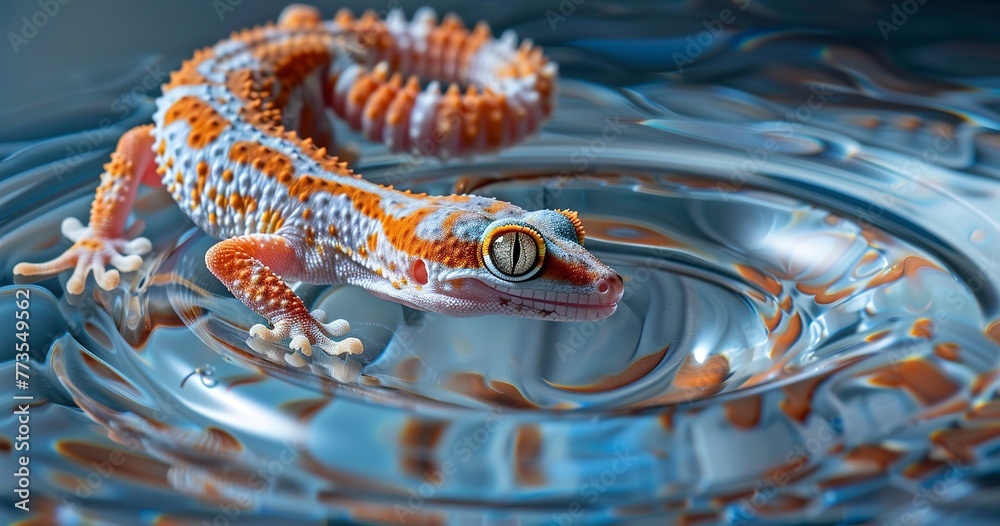 Gecko clinging to an invisible glass, toes spread out, tail curled ...