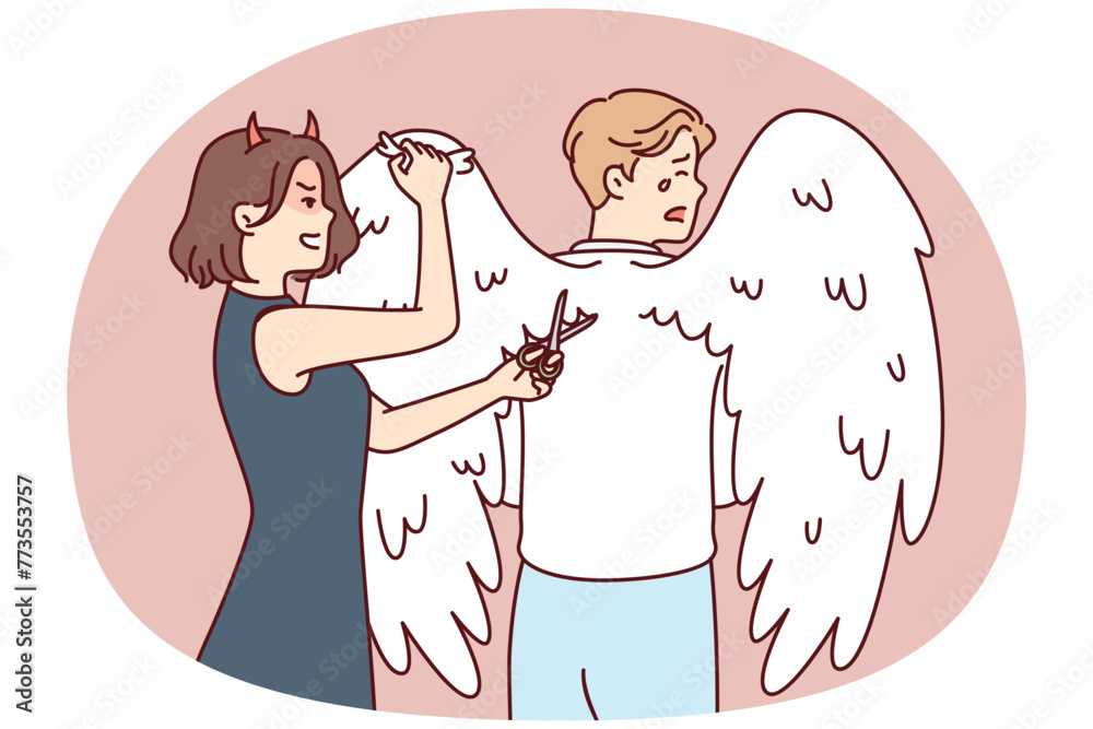 Woman with clipping wings on back crying man to limit freedom and ...