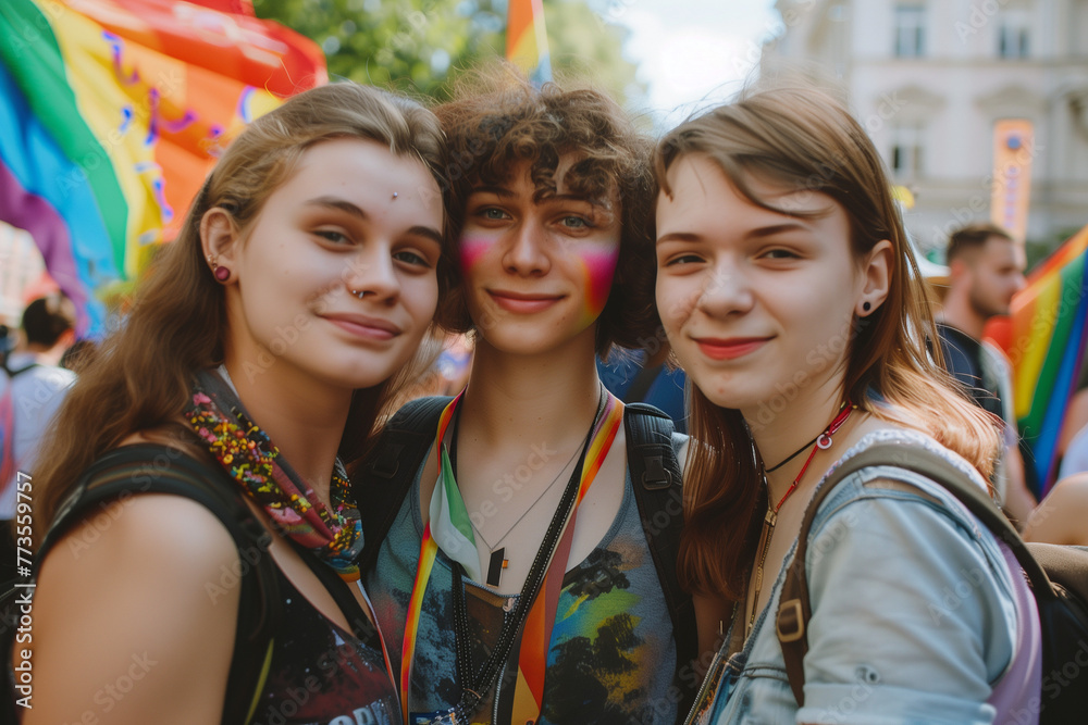Polyamorous relationship during pride parade, lesbian threesome in love ...