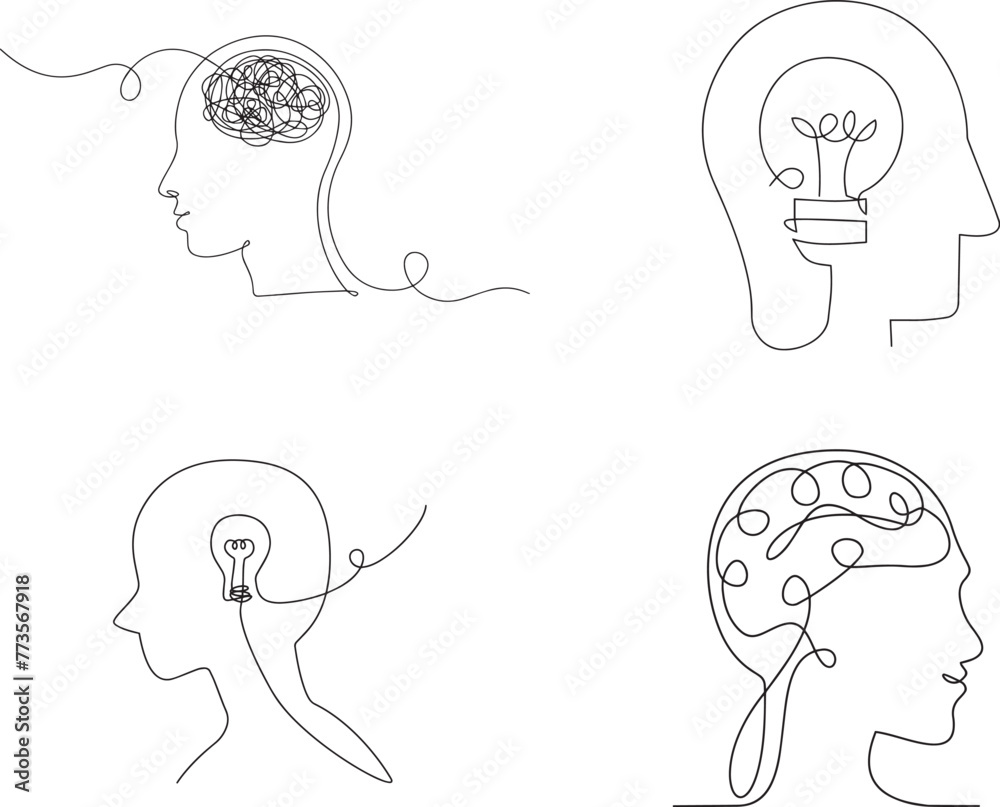 One continuous line drawing of human head with plant inside. Mental ...
