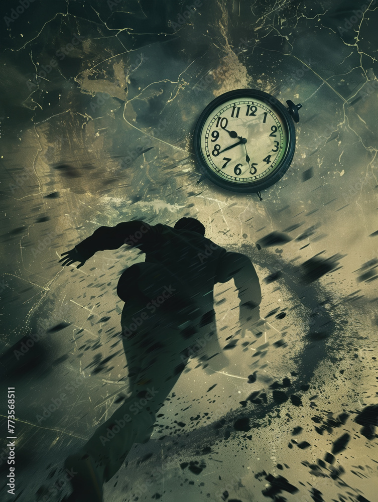 A man is running away from a clock. The man is in a state of panic and ...