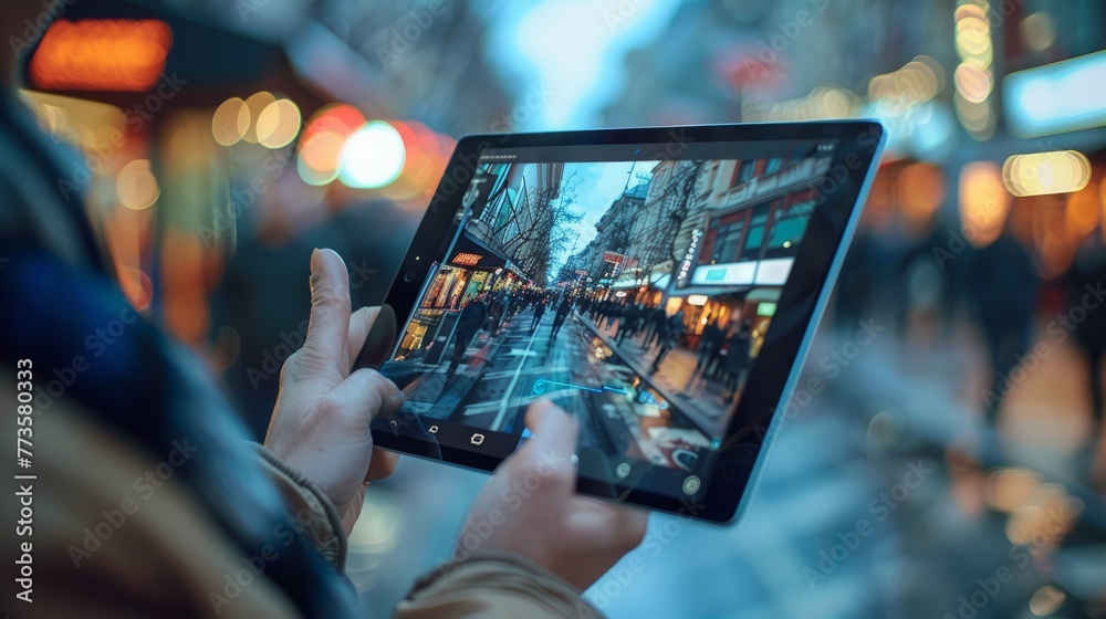 Detail of a surveillance camera interface on a tablet held by law ...