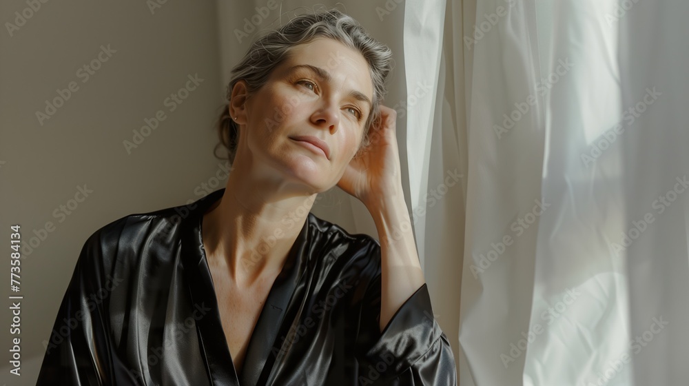 beautiful normal size woman aged in her 40s, in a black silk pyjamas ...