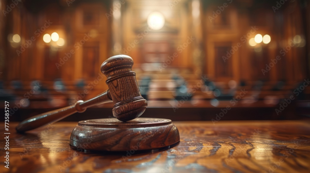 A judge's hammer poised for judgment on an ancient oak table, a blurred ...