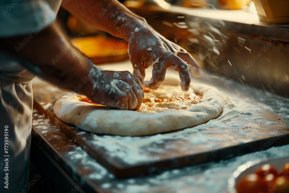 The hands of a skilled chef as they expertly prepare a fresh pizza ...