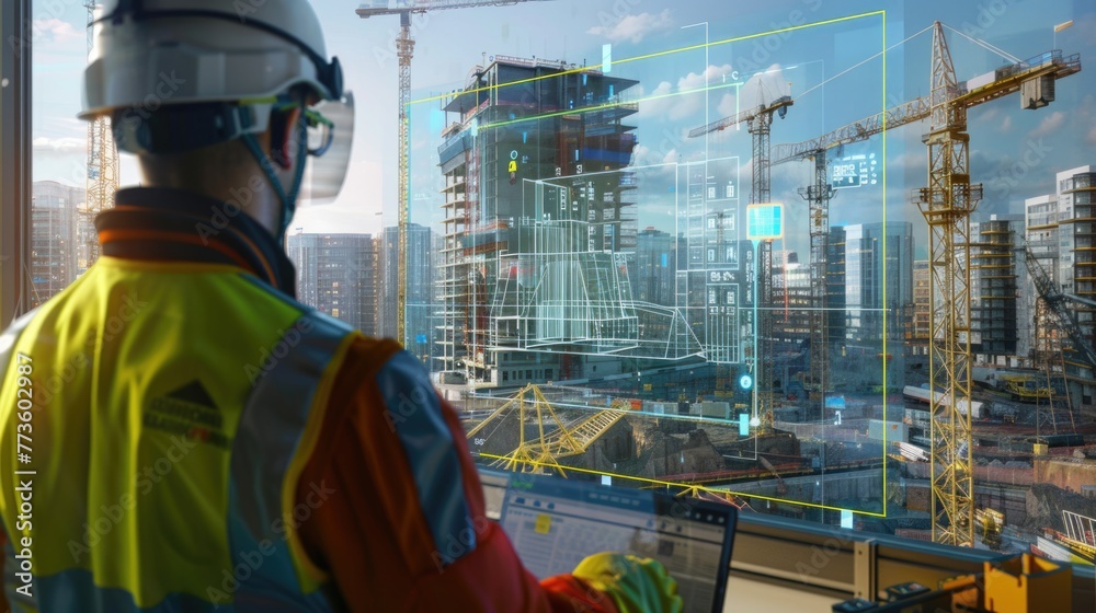 Safety-gear-clad engineer designing construction plans in a CGI ...