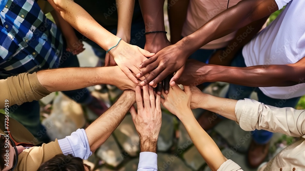 Team Of Diverse Workers Put Hands Together, concept of teamwork ...