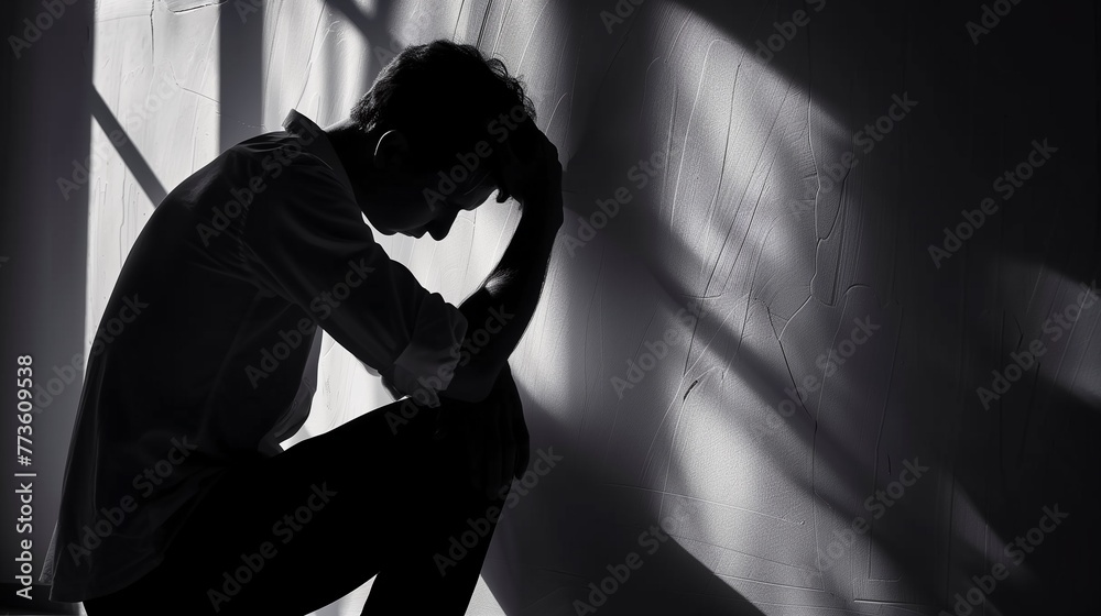Depressed lonely man, silhouette of a miserable man sitting alone and ...