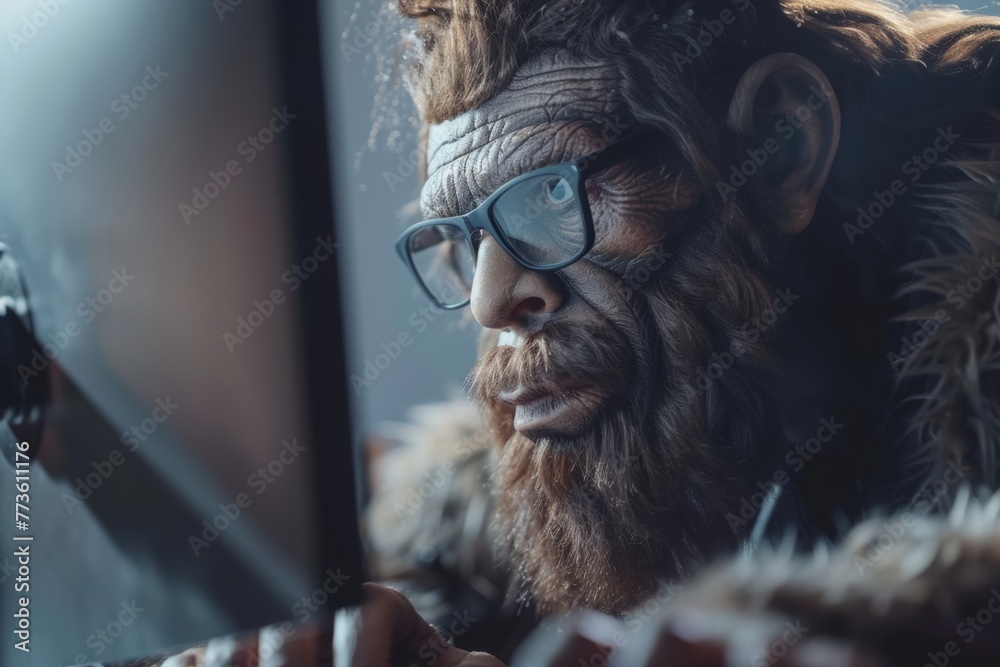 Neanderthal sitting in an office, wearing glasses, and working on a ...