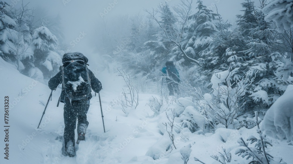 A hiker treks through a thick layer of snow pushing through the heavy ...