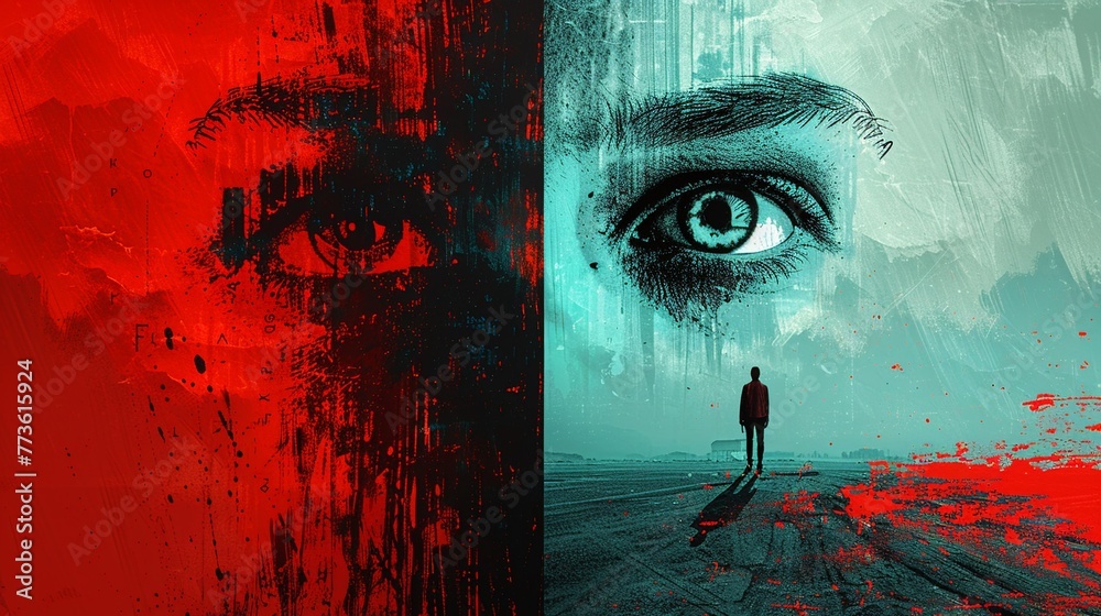 Craft a striking design featuring a split-screen effect, showing ...