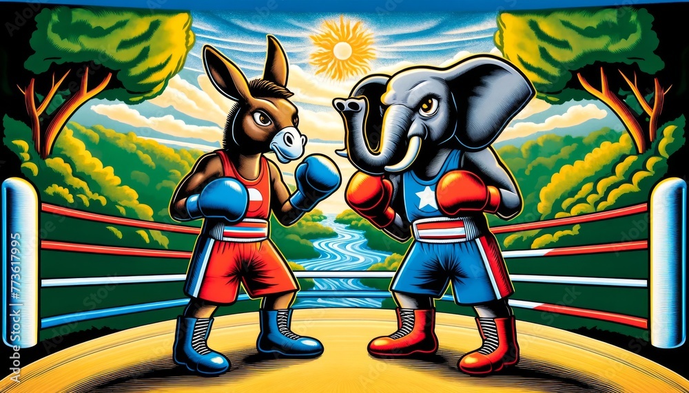 Animated political satire depicting a boxing match between a donkey and ...