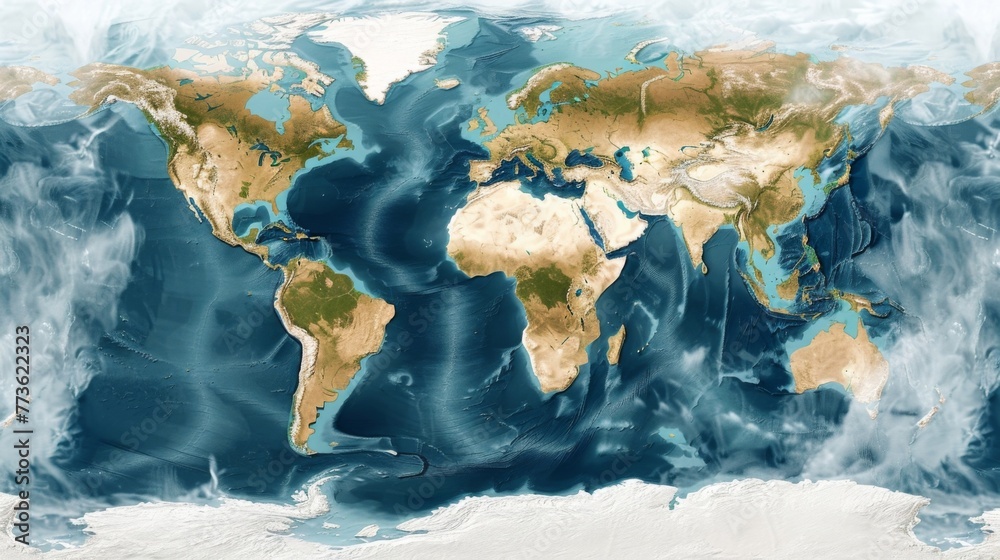 Map displaying extensive water bodies across the globe. Oceans, seas ...