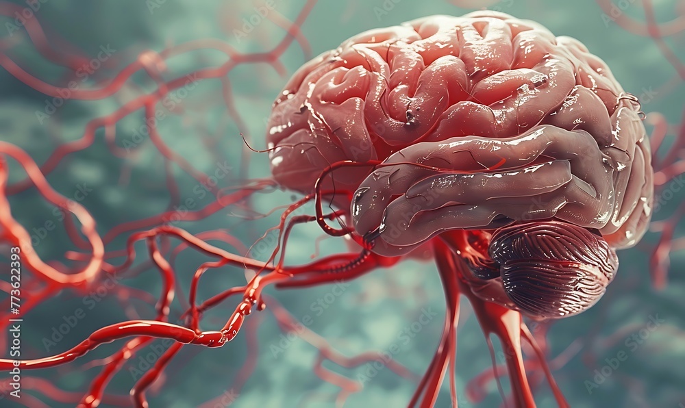 Illustration of human brain afflicted by clogged arteries, depicted in ...