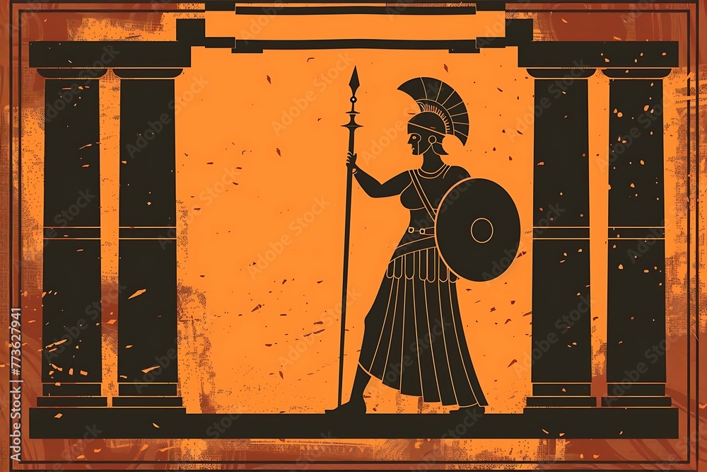 Greek orange and black amphora drawing of Athena goddess holding a shield and spear Stock ...
