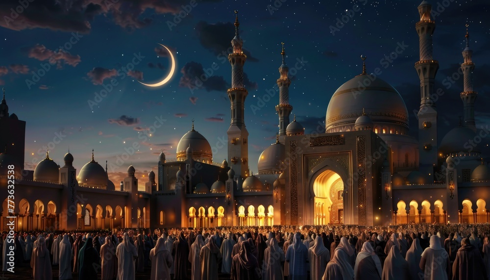 Islamic crescent moon and star decorations illuminated against the ...